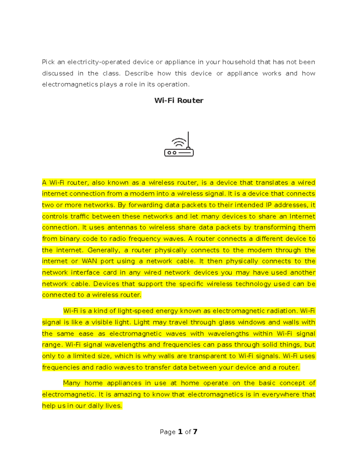 Course Assignment 1 - Pick an electricity-operated device or appliance ...