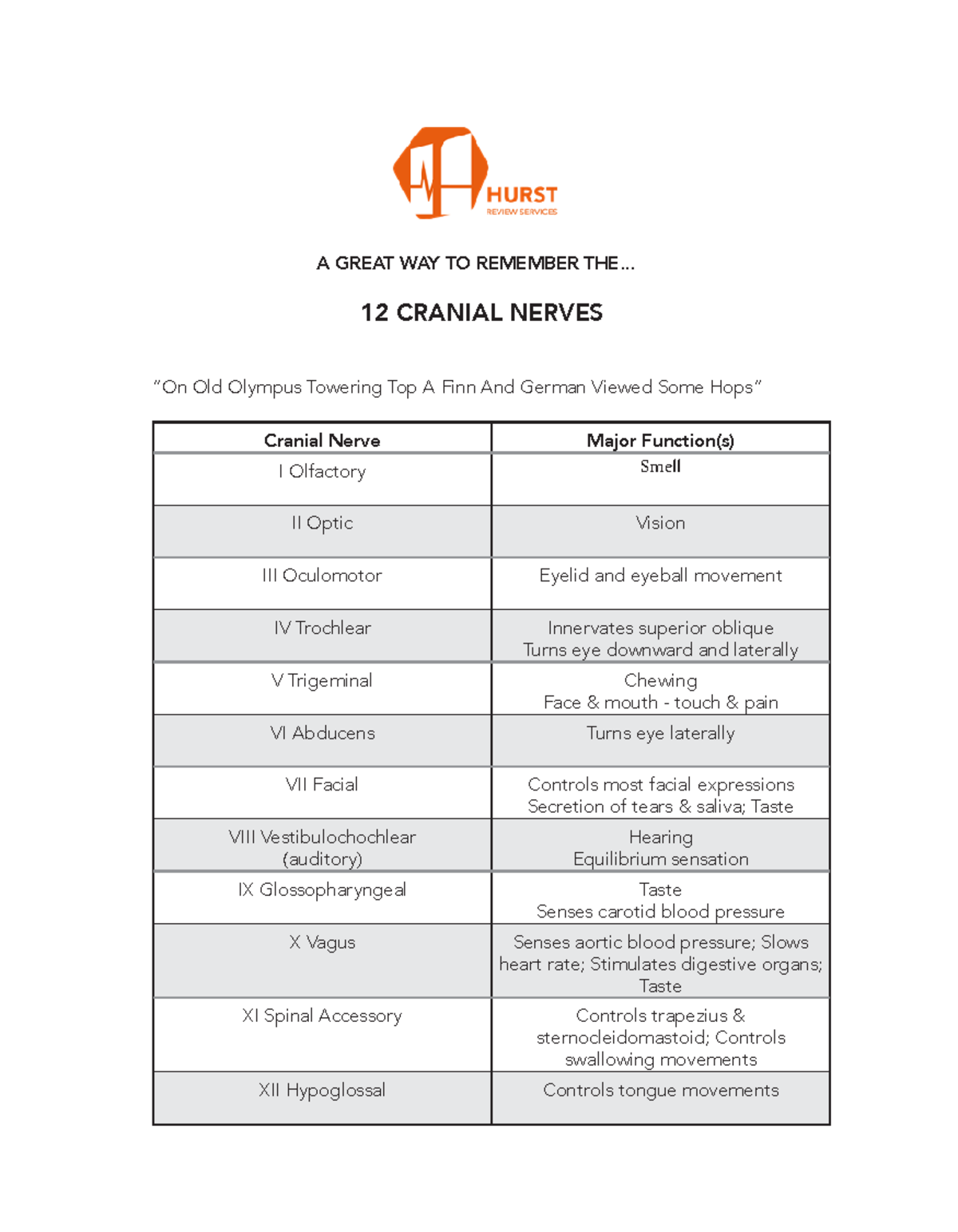 the 12 Cranial Nerves - A GREAT WAY TO REMEMBER THE... 12 CRANIAL ...