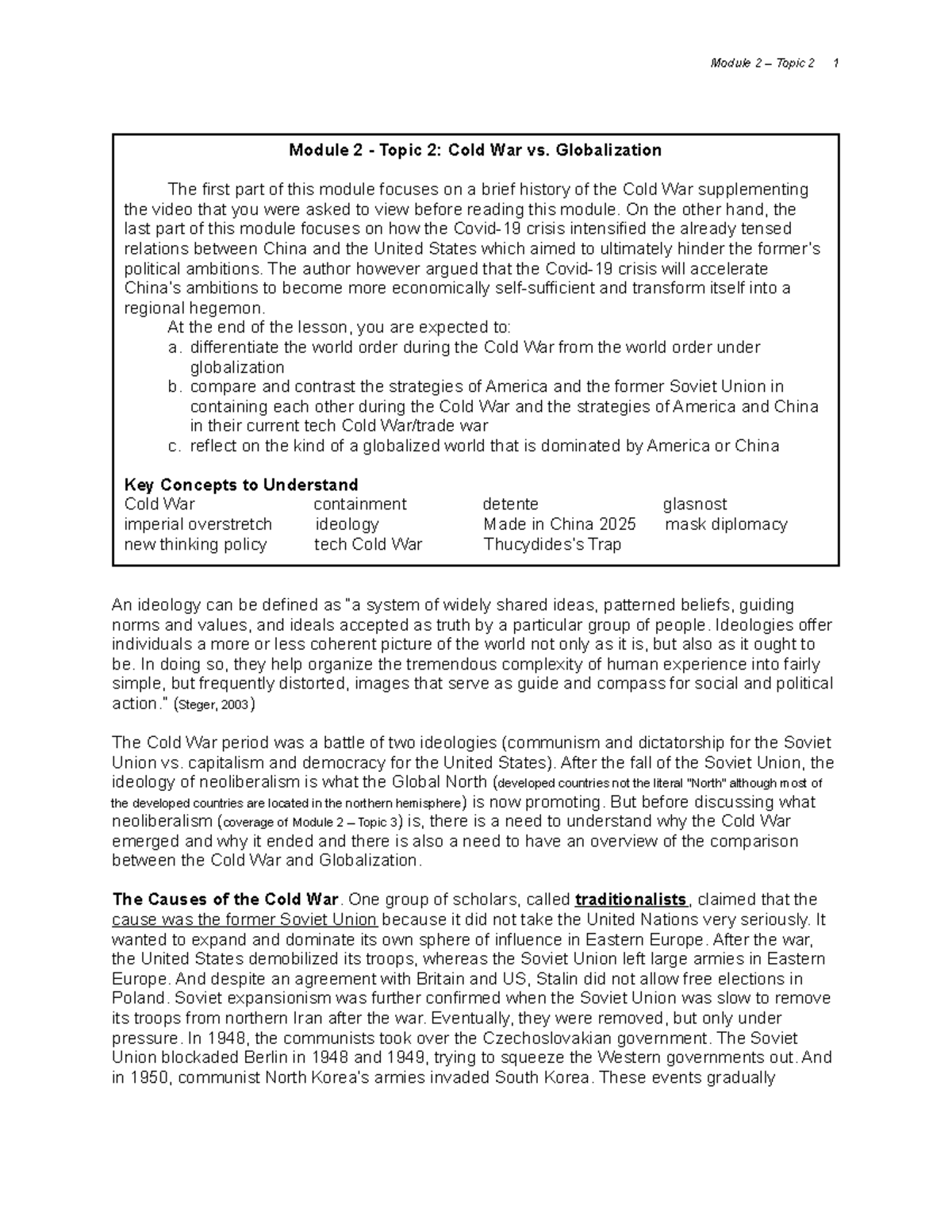 Module 2 - Topic 2. Cold War vs. Globalization - An ideology can be ...