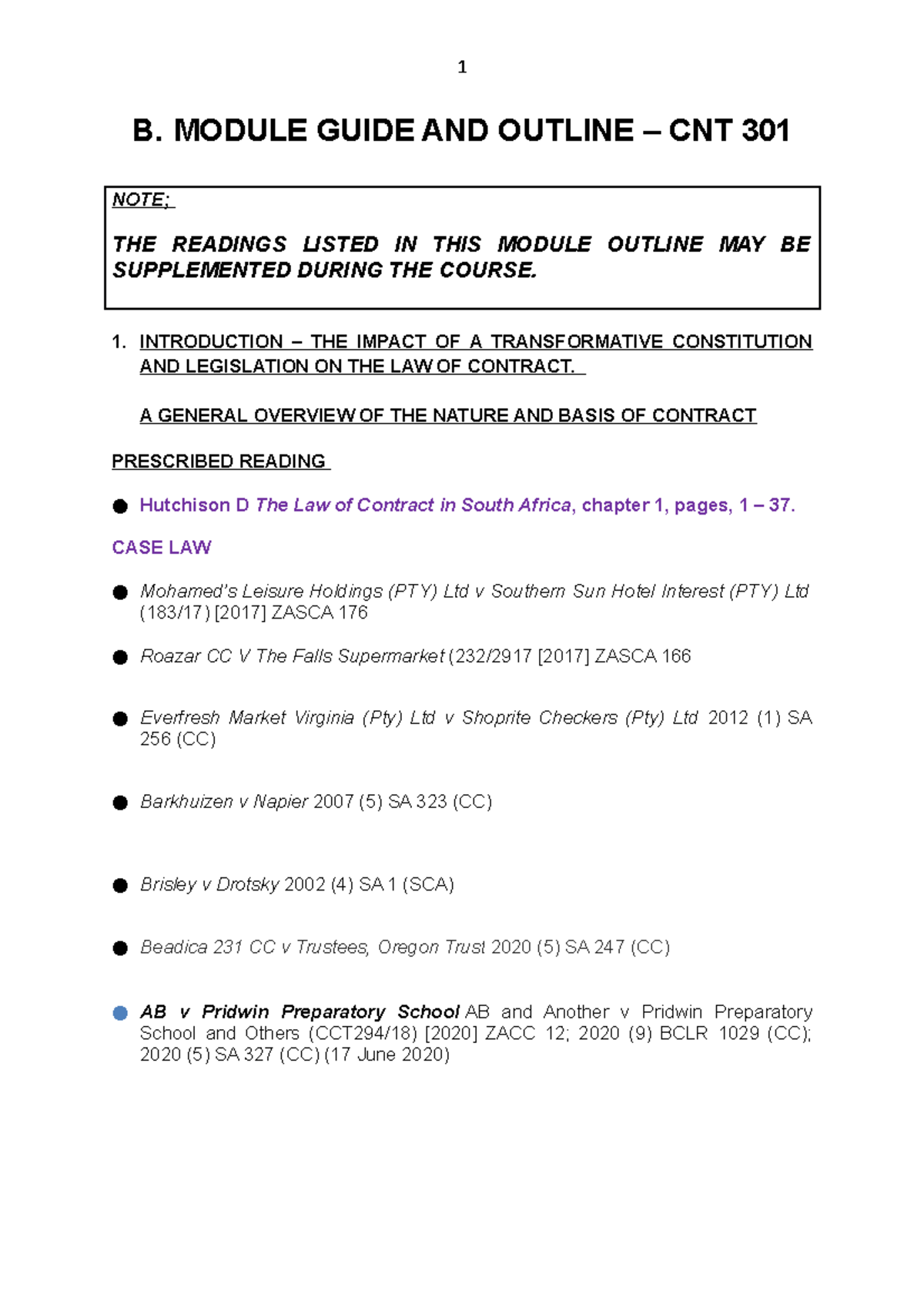 Module Guide AND Outline - LAW OF Contract - 2022 - B. MODULE GUIDE AND ...