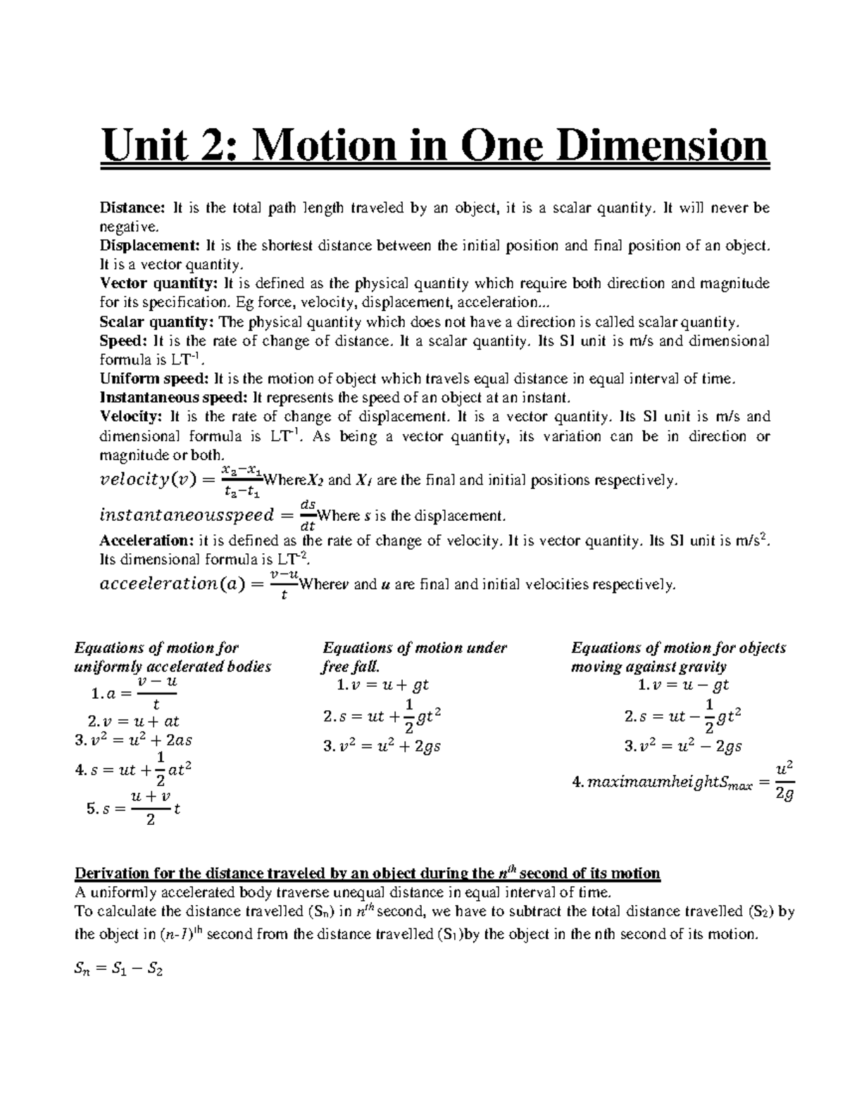 Lecture notes for 1 st year physics... - Unit 2: Motion in One ...
