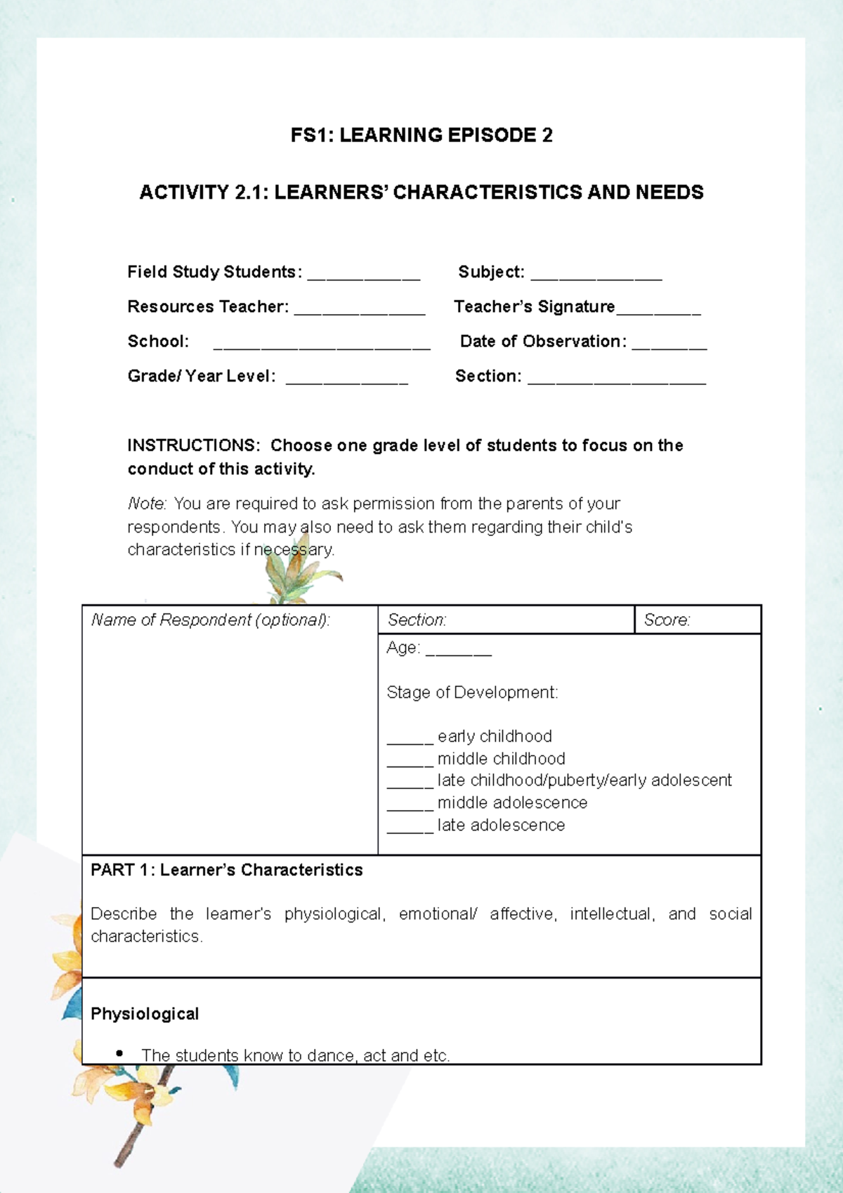 Simple Fresh Spring Letter - FS1: LEARNING EPISODE 2 ACTIVITY 2 ...