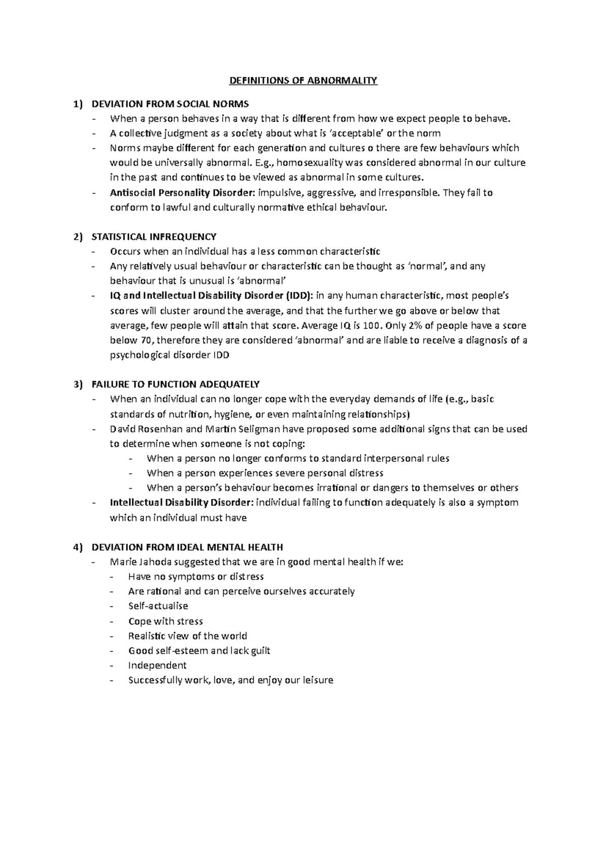 Definitions OF Abnormality - DEFINITIONS OF ABNORMALITY 1) DEVIATION ...