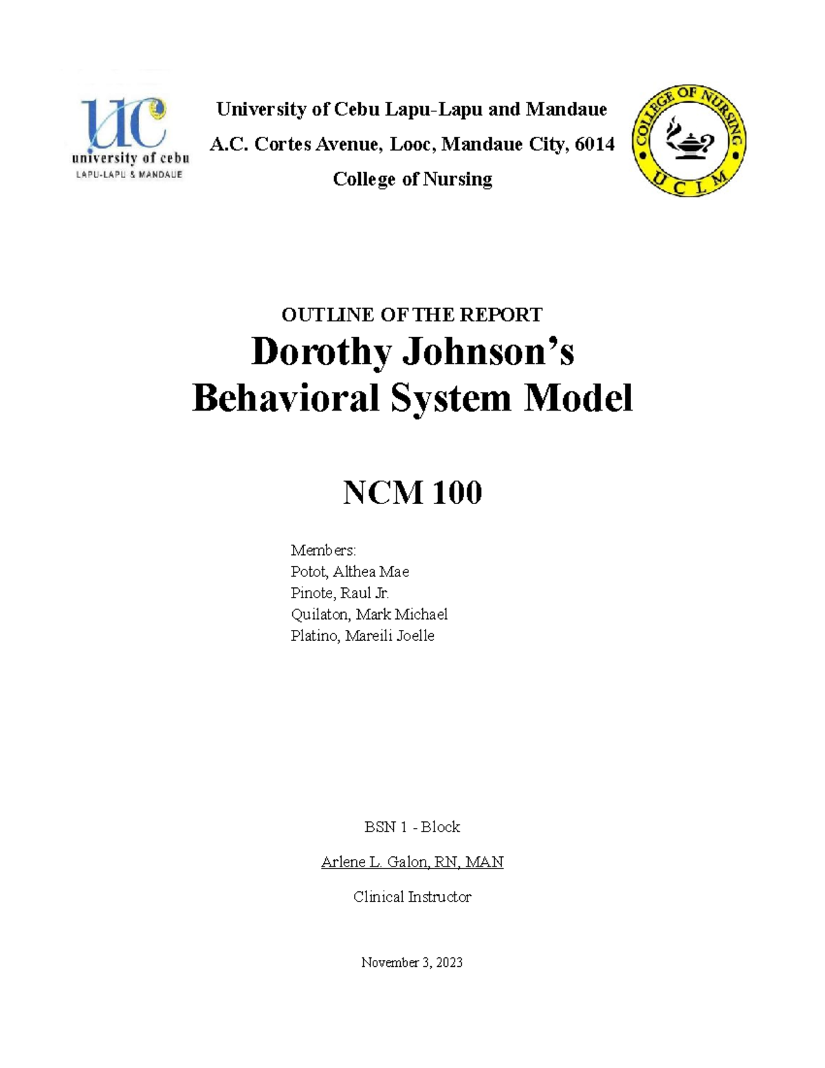 Dorothy Jhonsons Behavioral System Model Outline - University of Cebu ...