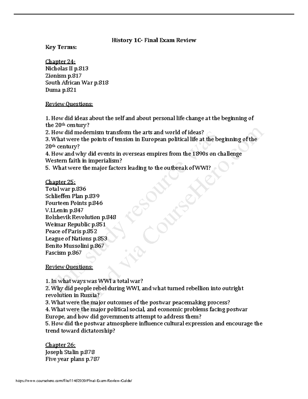 Final Exam Review Guide - History 1C- Final Exam Review Key Terms ...