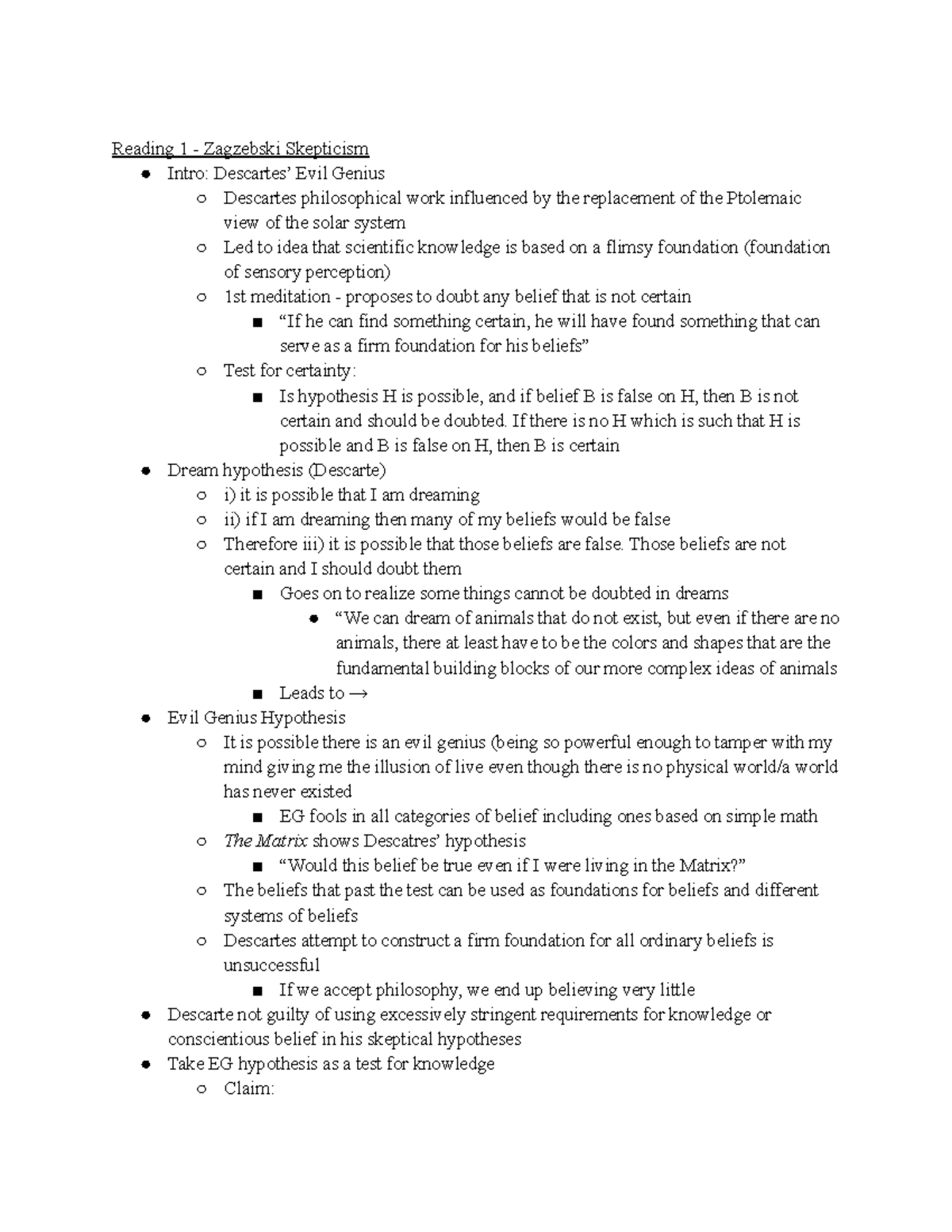 Reading Notes Week 8 - Reading 1 - Zagzebski Skepticism Intro ...