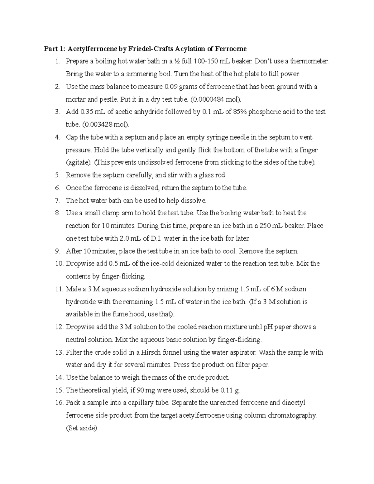 Pre Lab Plan 4 - Pre Lab Plan 4 - Part 1: Acetylferrocene by Friedel ...