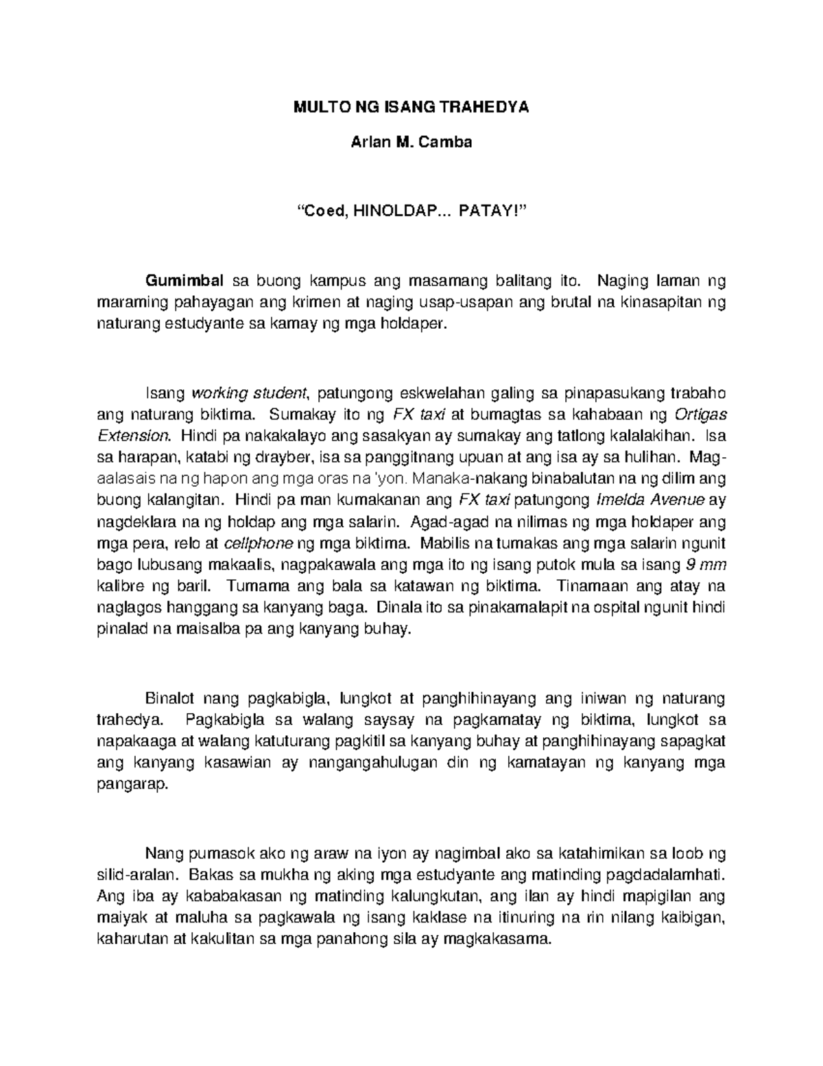 Multo NG Isang Trahedya - MULTO NG ISANG TRAHEDYA Arlan M. Camba “Coed ...