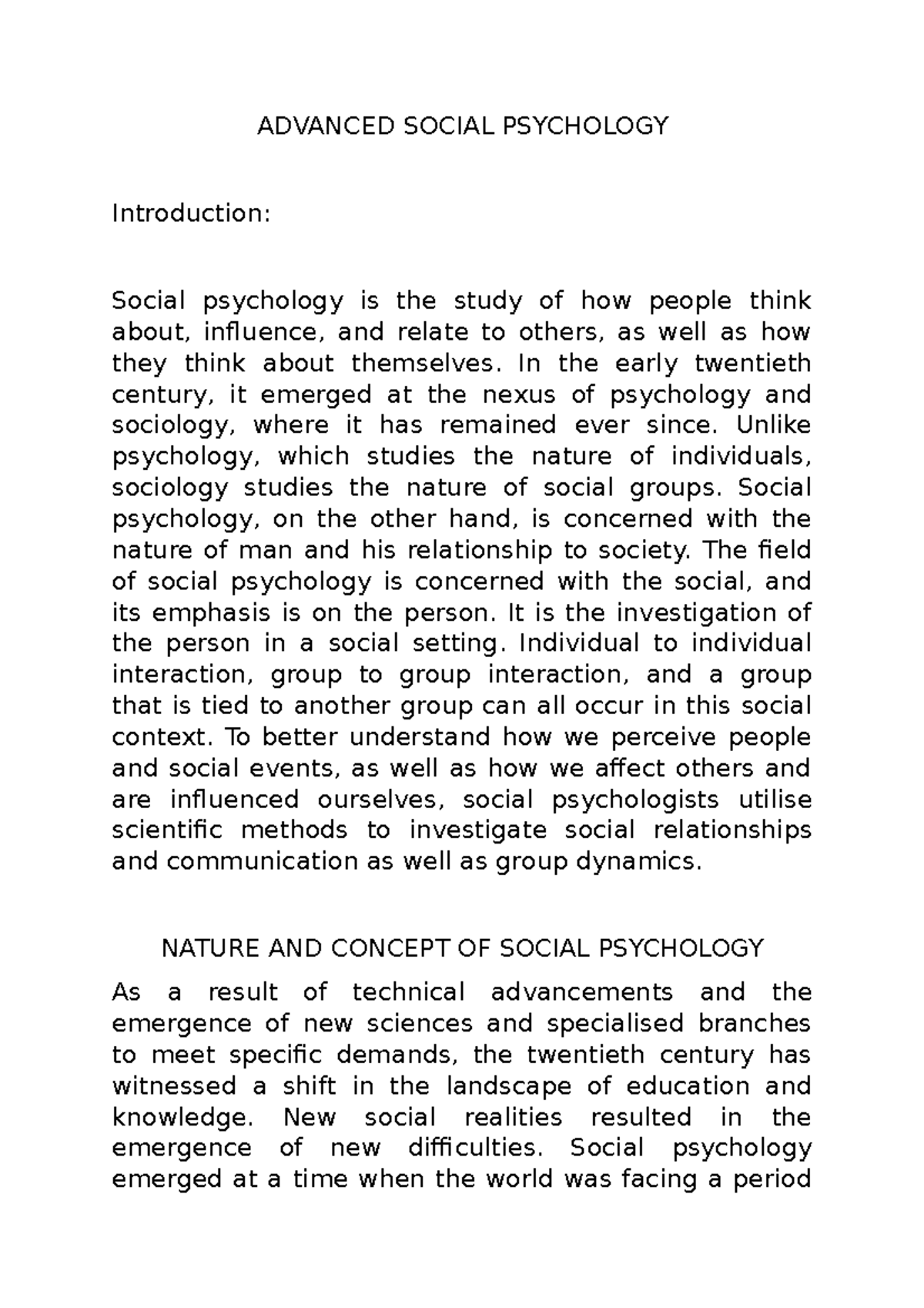 Advanced Social Psychology - Educational psychology -I - AMU - Studocu