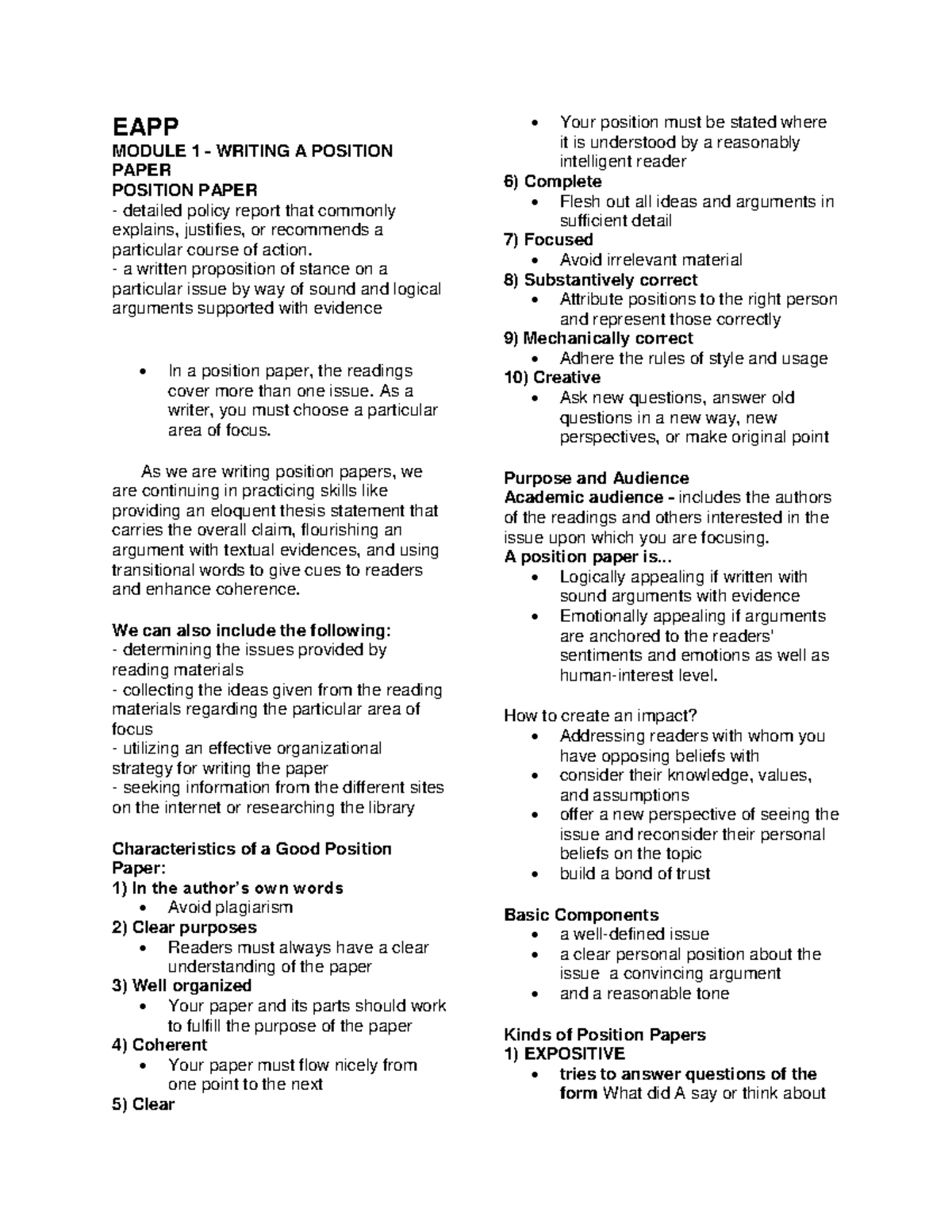 EAPP - EAPP MODULE 1 - WRITING A POSITION PAPER POSITION PAPER ...