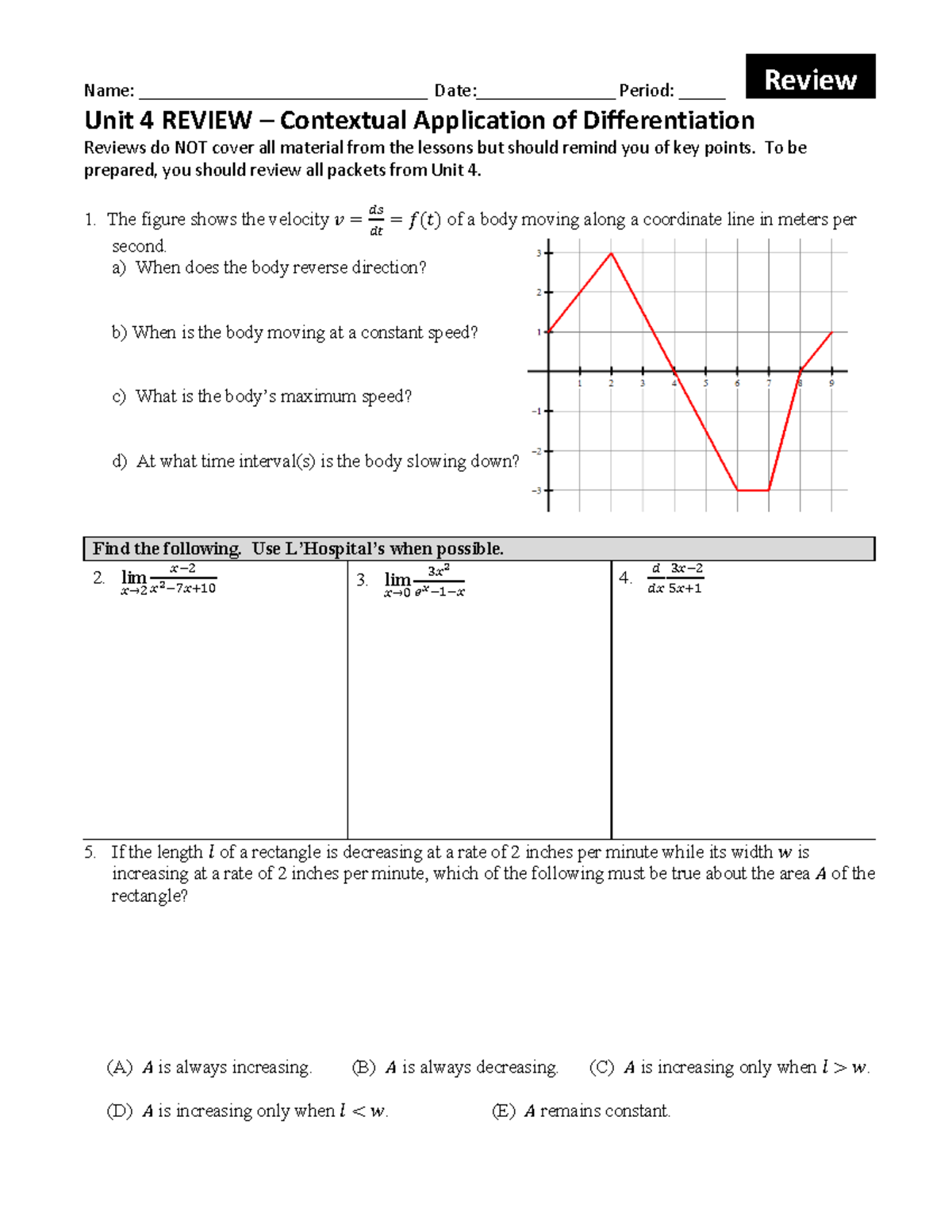 Calc Ab Unit 4 Review Math Name