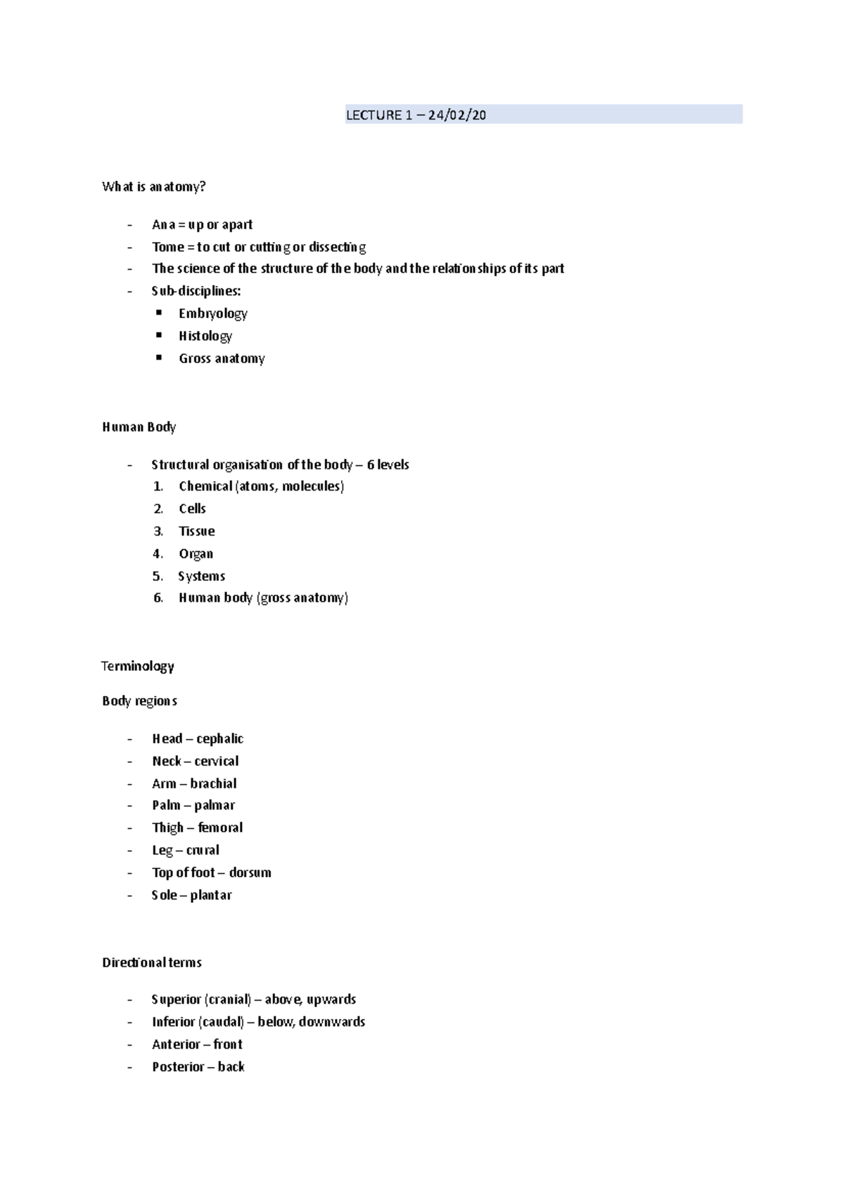 ANAT1001 Introduction to Anatomy full notes p - LECTURE 1 – 24/02/ What ...