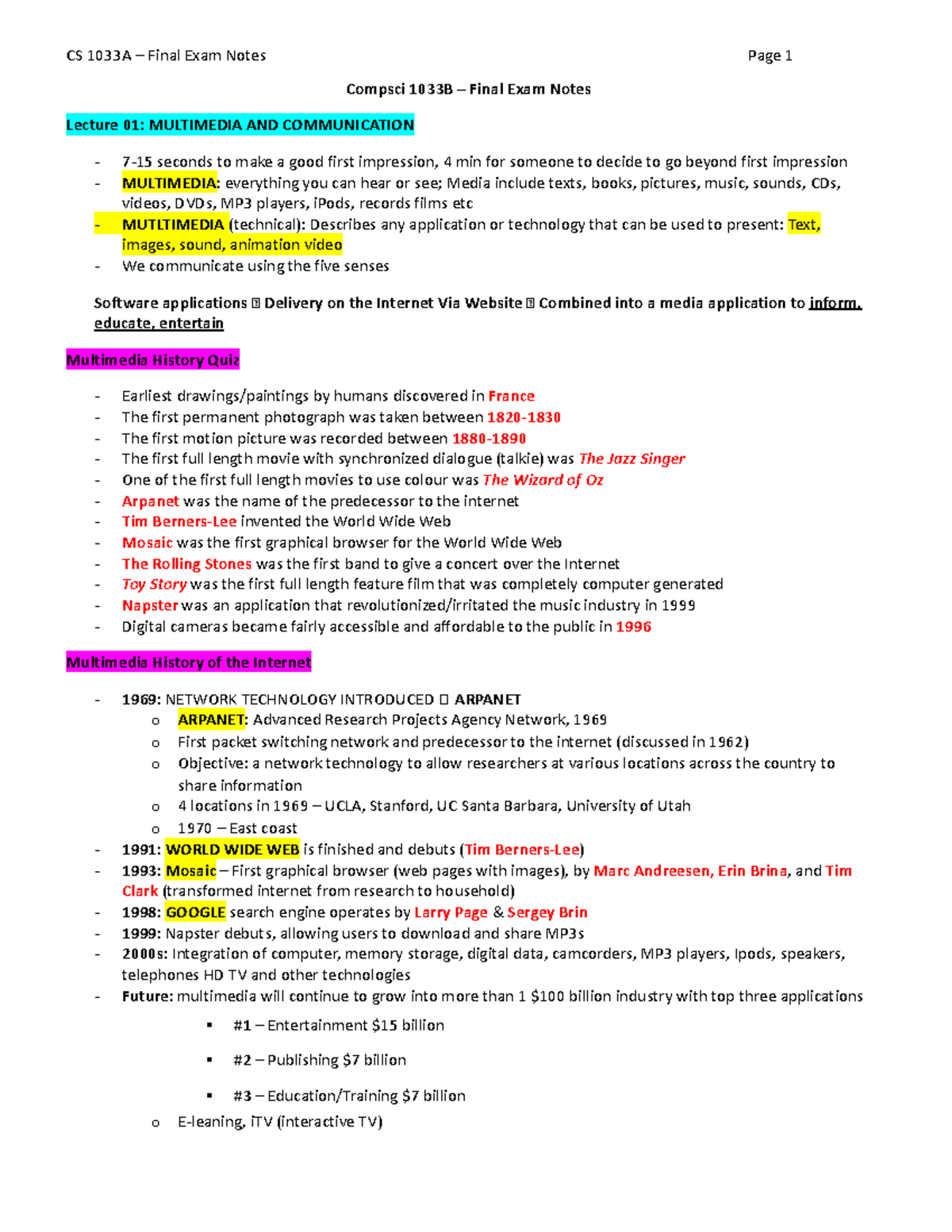 CS 1033A Final Exam Notes: Multimedia and Communication - Studocu