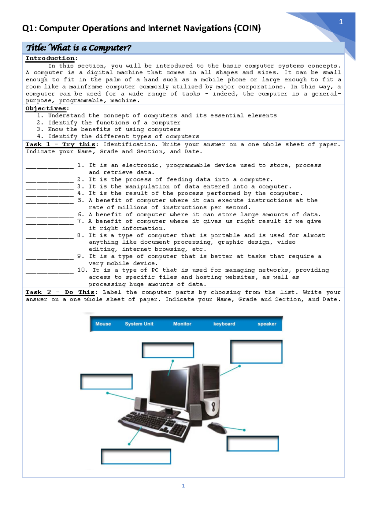 Module 1 - ICT 7 - Info and Communication Technology - Q1: Computer ...