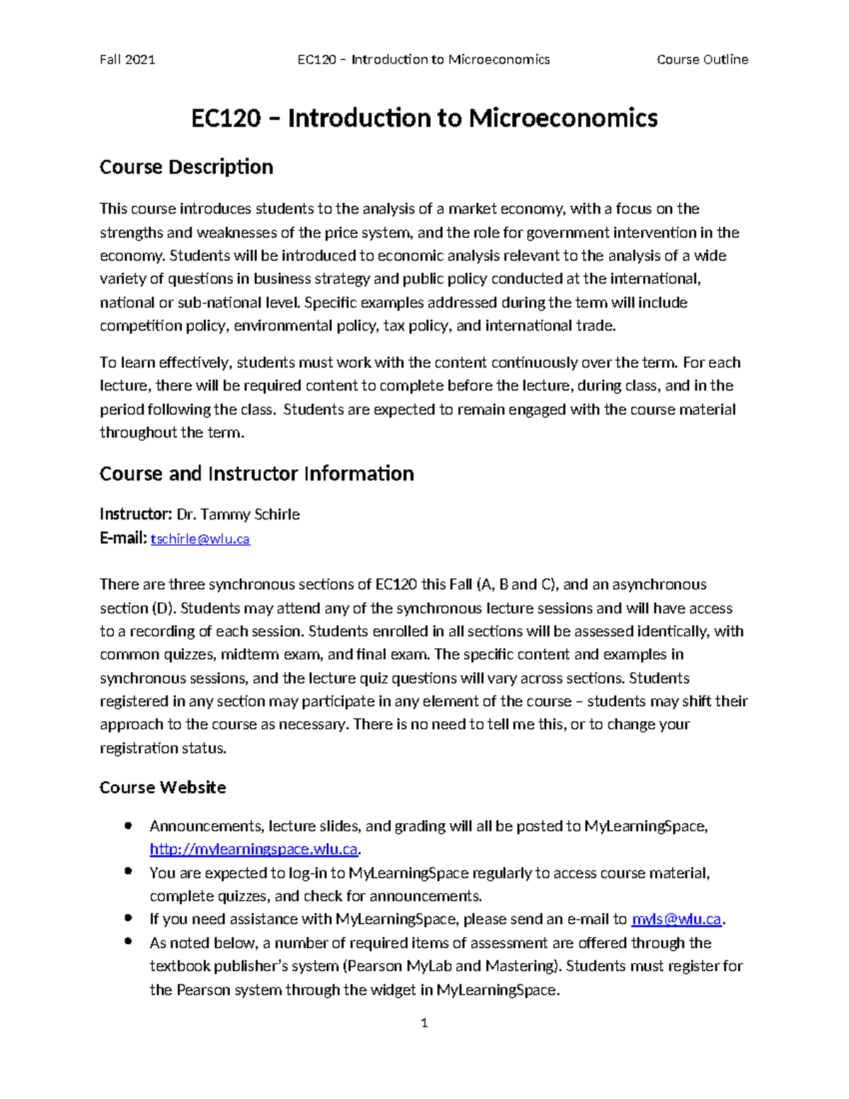 EC120 Course Outline - Fall 2021 - EC120 – Introduction to Microeconomics Course Description ...