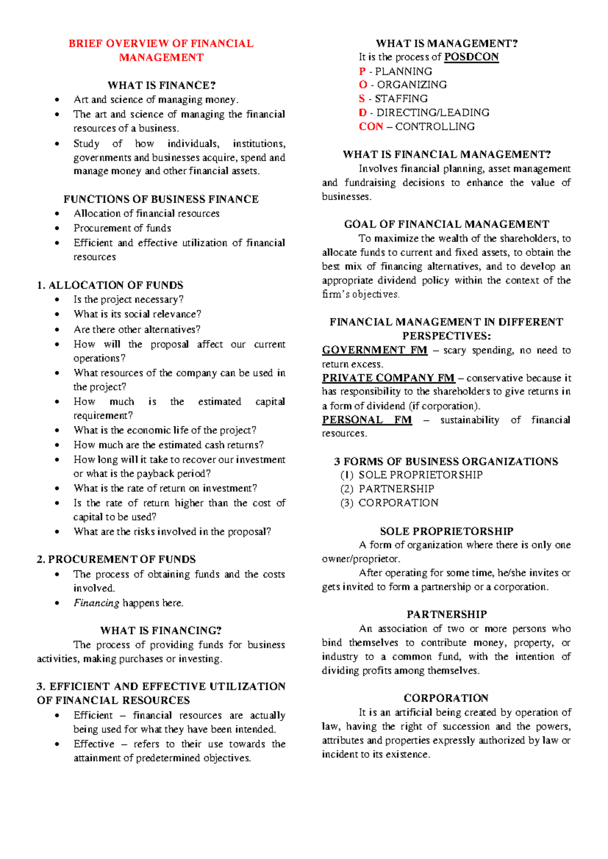 FM Chapter 1 TO 5 Reviewer - BRIEF OVERVIEW OF FINANCIAL MANAGEMENT ...