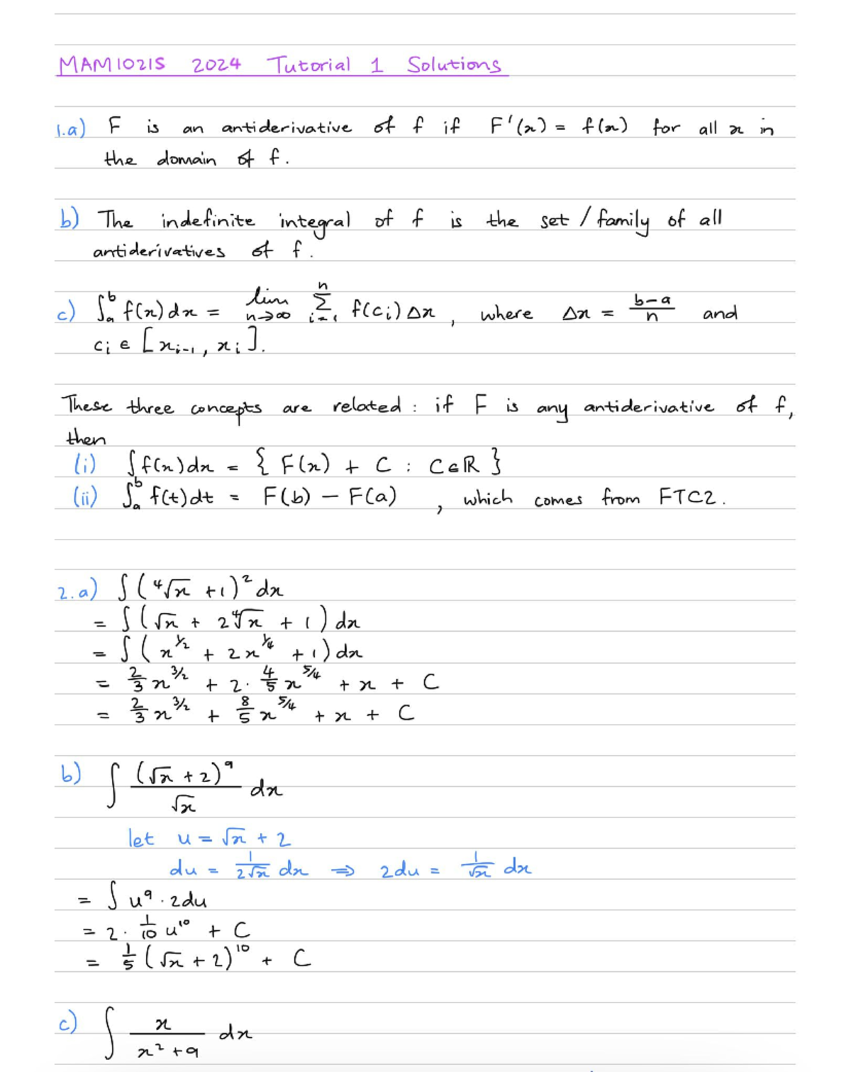 Tutorial 1 Solutions - MAM 10215 2024 Tutorial 1 Solutions 1) F is an antiderivative of f if ...
