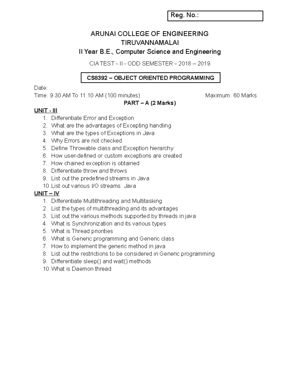 CS8392-OOPS - Thank you - Reg. No.: ARUNAI COLLEGE OF ENGINEERING TIRUVANNAMALAI II Year B ...