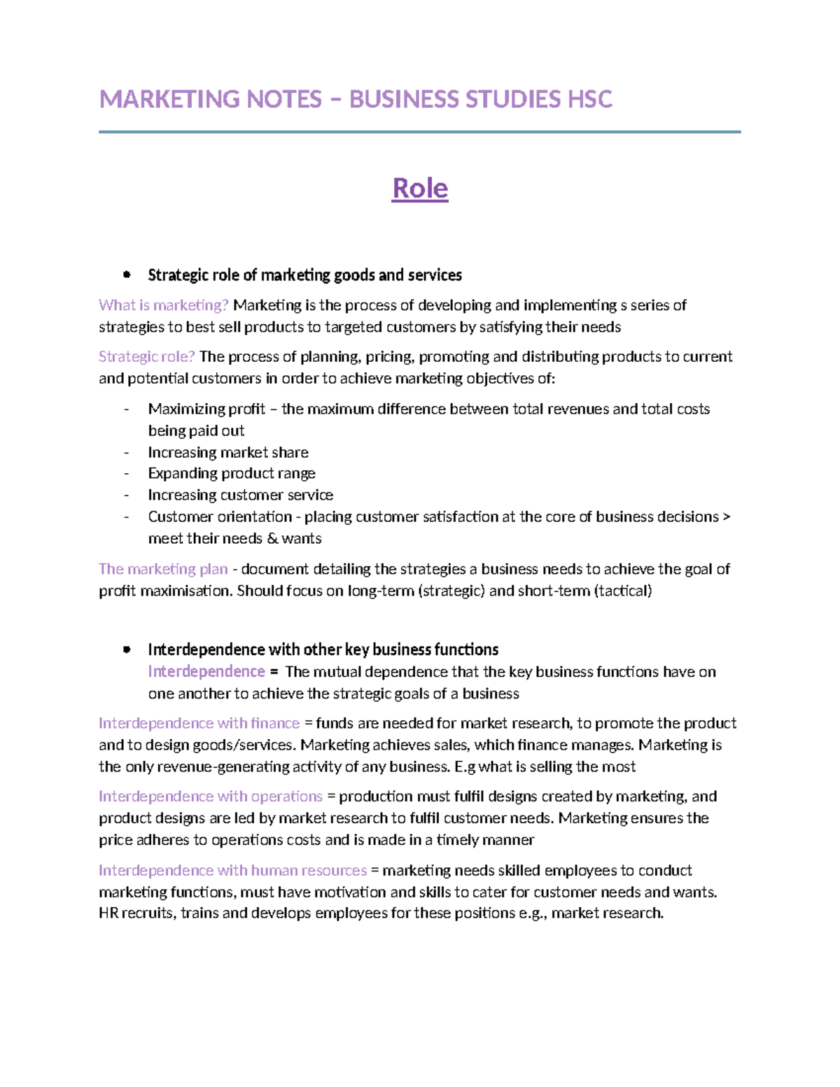 Marketing HSC Notes - Role, Influences, Strategies, Processes ...