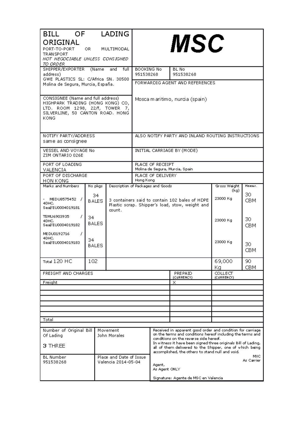 BILL OF Lading john - Nada bdidkdld - BILL OF LADING ORIGINAL PORT-TO ...