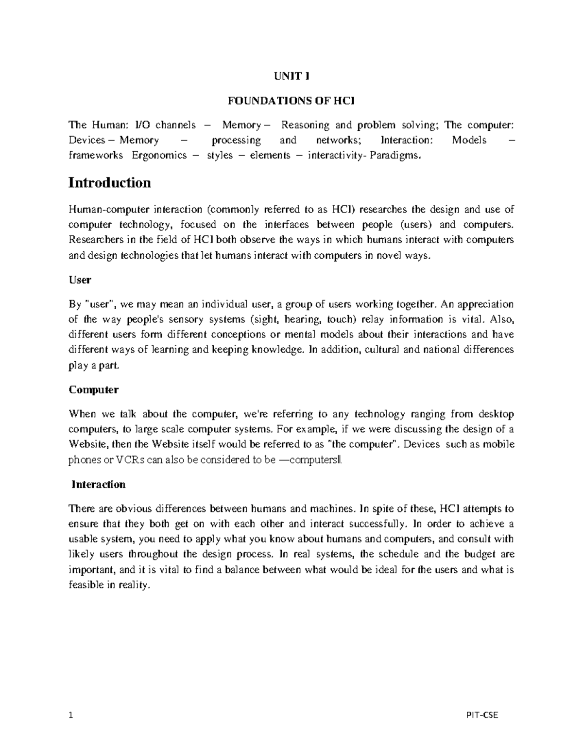 Unit-1 notes(points) - CS8079- UNIT 1- FOUNDATIONS OF HCI - Human ...