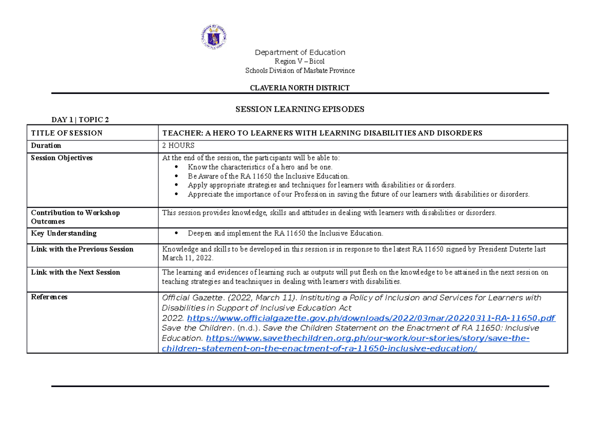 Sample Session Learning Episode - Department of Education Region V ...