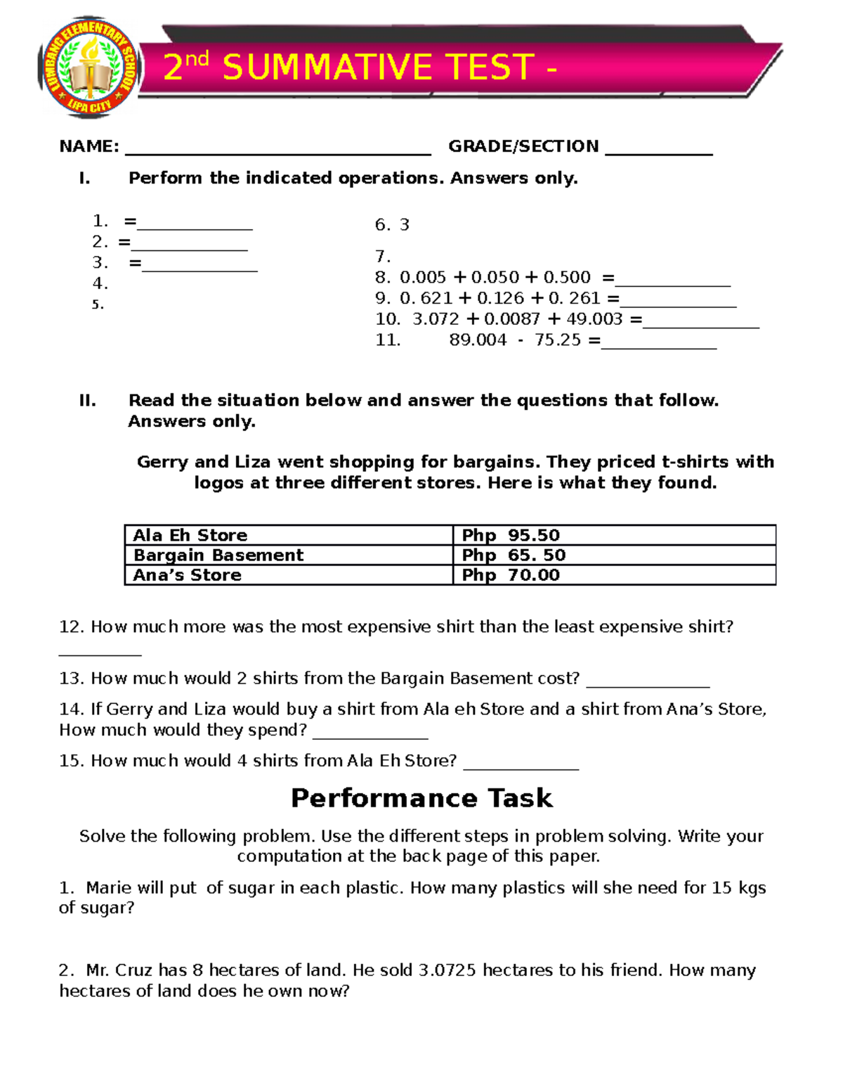 2nd summative test math 6 - NAME ...