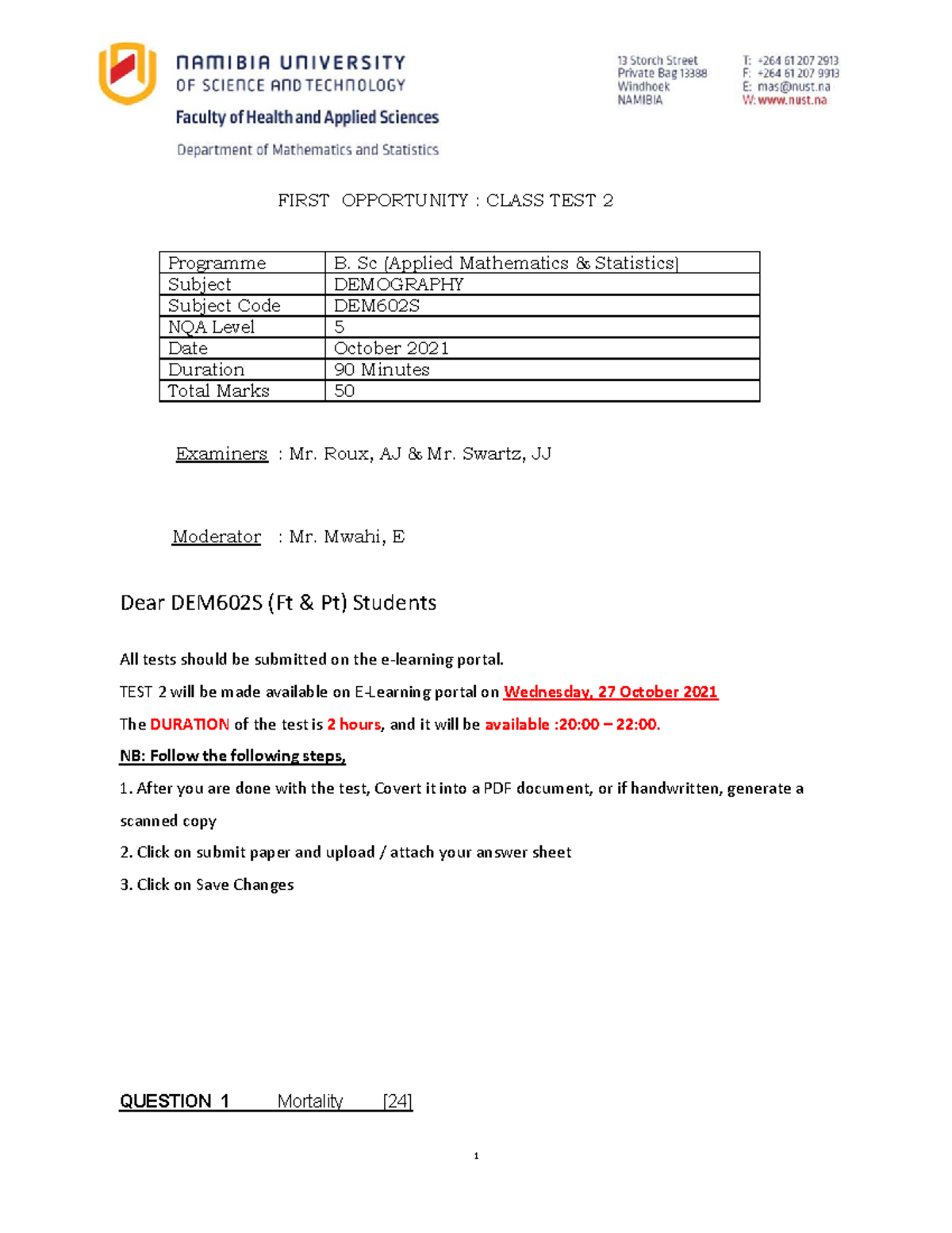 Class Test 2 - non - 1 FIRST OPPORTUNITY : CLASS TEST 2 Programme B. Sc ...