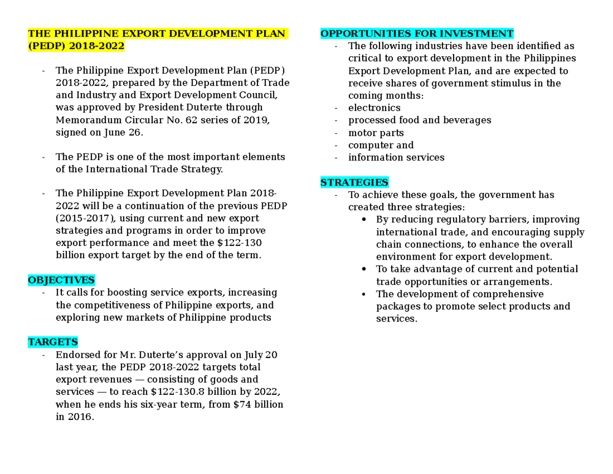 The Philippine Export Development Plan (PEDP) - AB Foreign Service ...