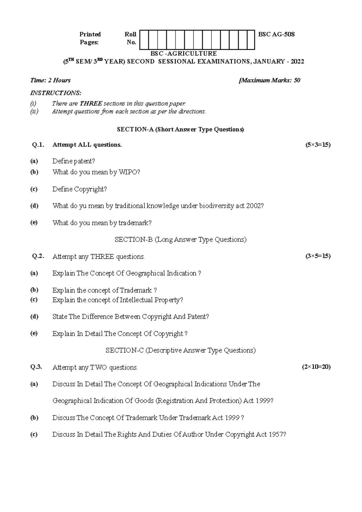 IPR - MODEL QUESTION PAPER - Printed Pages: Roll No. BSC AG- BSC ...