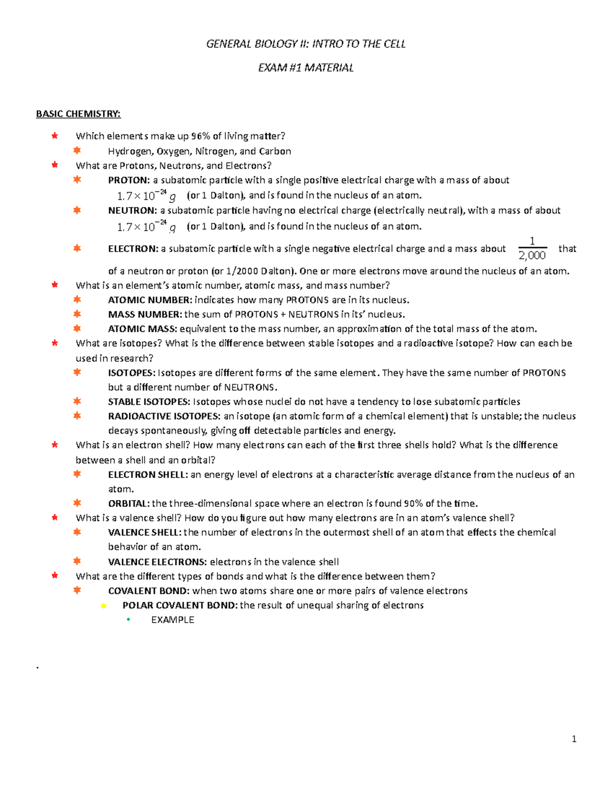 EXAM 1 Study Sheet AND FULL Review - GENERAL BIOLOGY II: INTRO TO THE ...