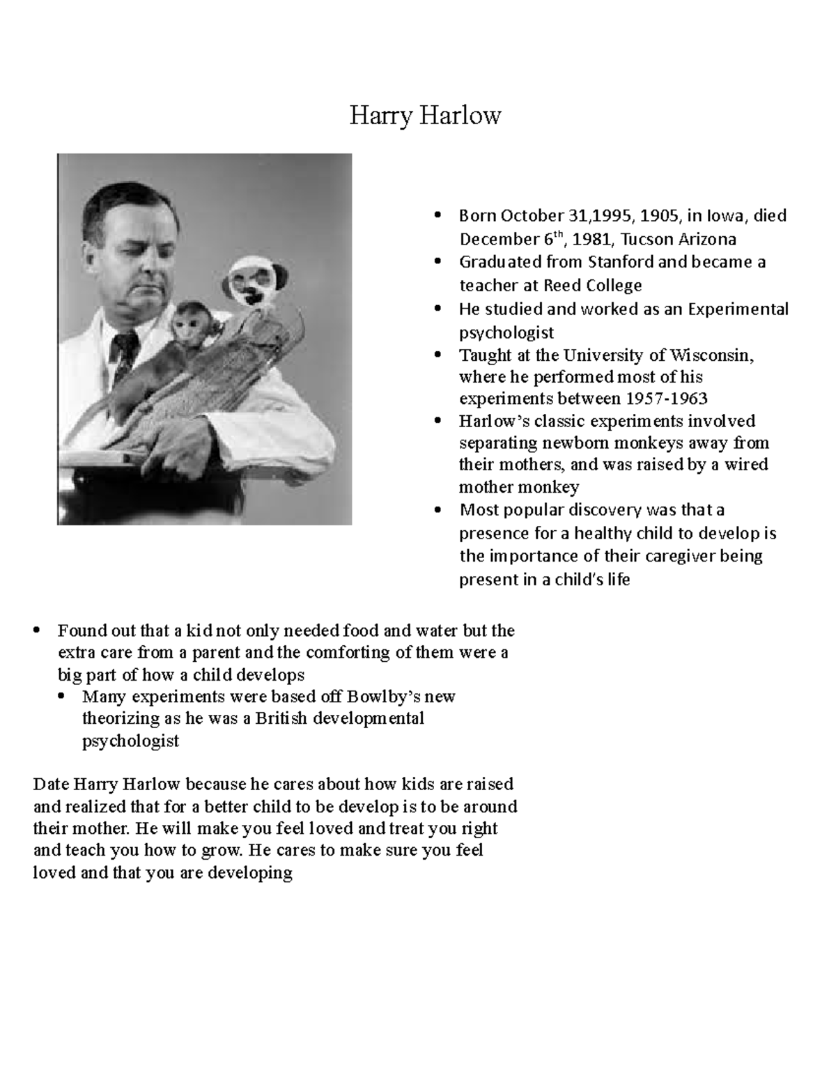 Harry Harlow - nothing - Harry Harlow Found out that a kid not only ...