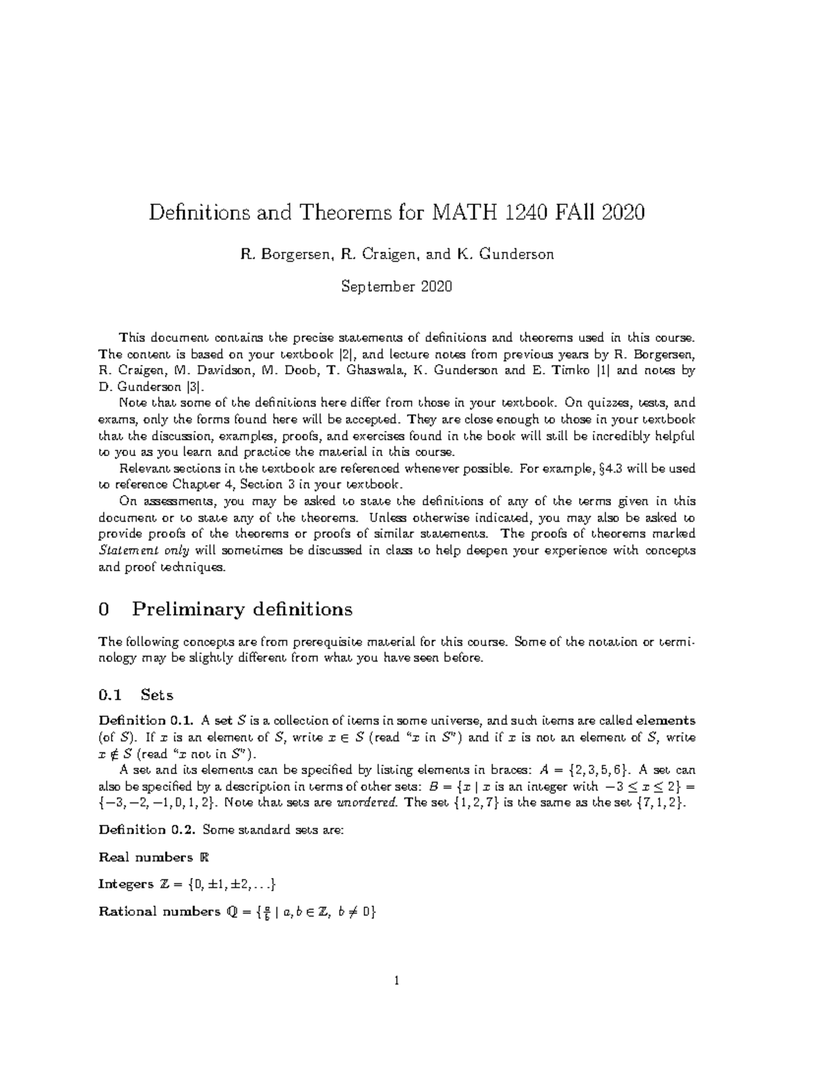 MATH 1240 Fall 2020 theorems - Definitions and Theorems for MATH 1240 FAll 2020 R. Borgersen, R ...