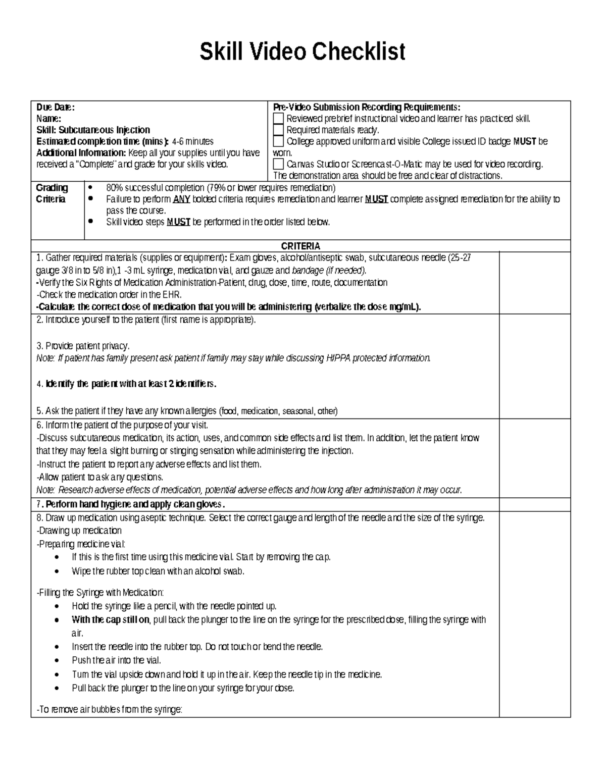 Subcutaneous Injection Checklist - Skill Video Checklist Due Date: Name ...
