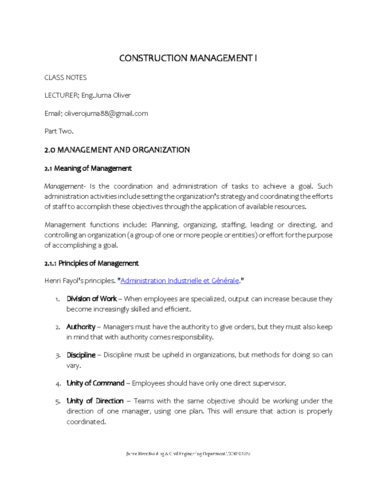 Management and Organization Class notes - CONSTRUCTION MANAGEMENT I ...