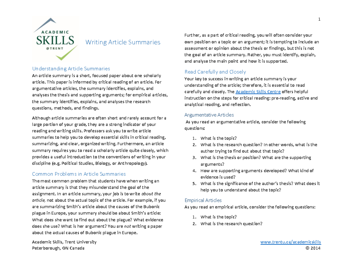[Skills of Article Summaries] - 1 Academic Skills, Trent University ...