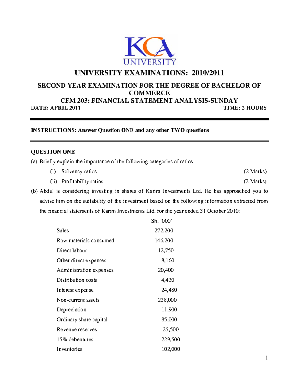 CFM 203 Financial Statement Analysis- Sunday - 1 UNIVERSITY ...