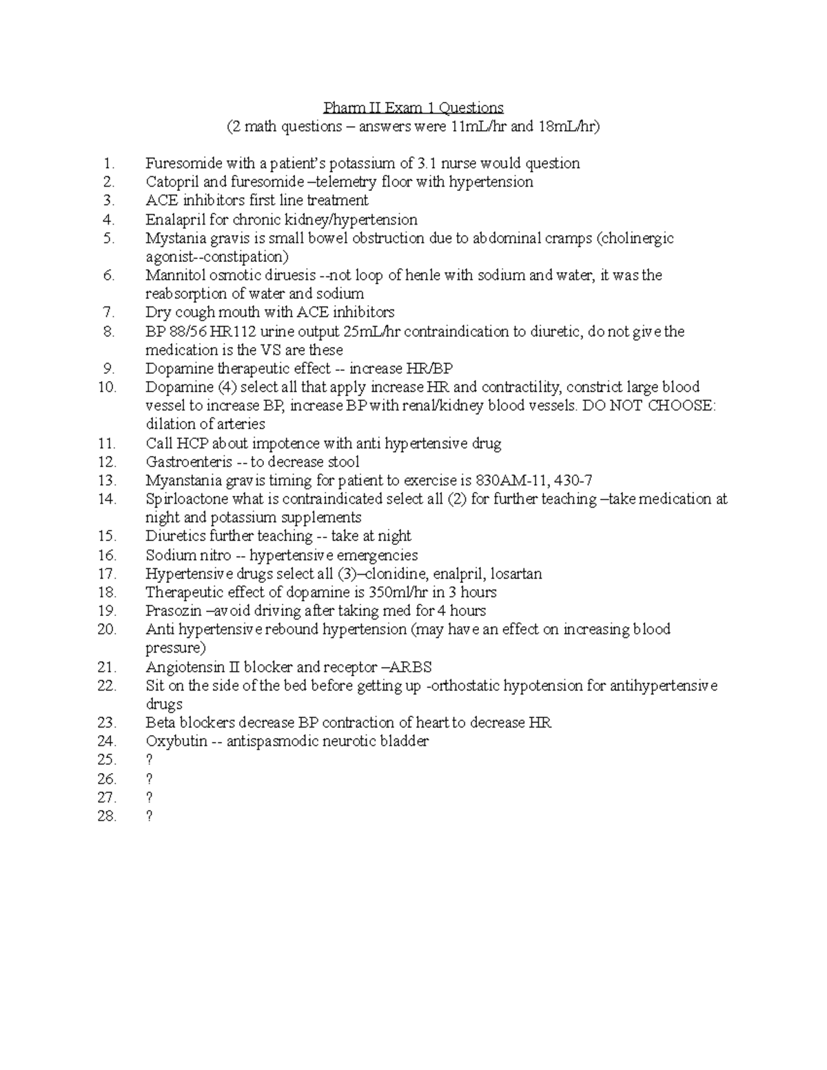 Pharmacology 2 Exam 1 3 Questions Pharm II Exam 1 Questions 2 Math