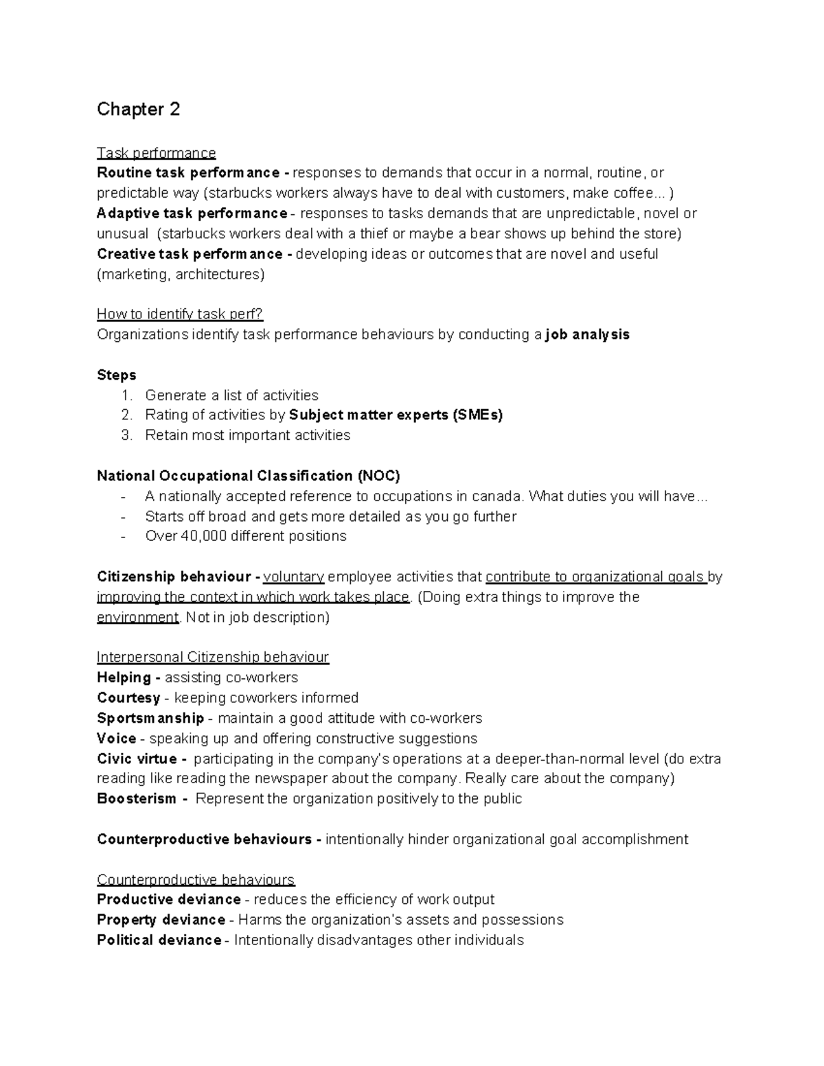 OB Notes Chapter 2 and 3 - Chapter 2 Task performance Routine task ...