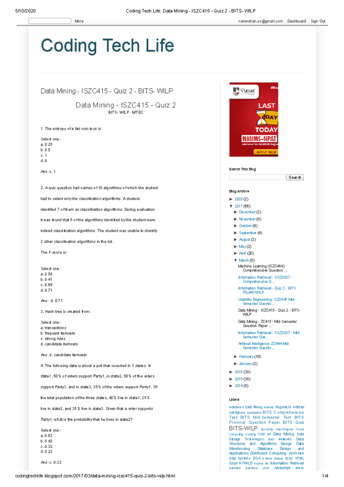 Coding Tech Life Data Mining - ISZC415 - Quiz 2 - BITS- WILP - The entropy of a fair coin toss ...