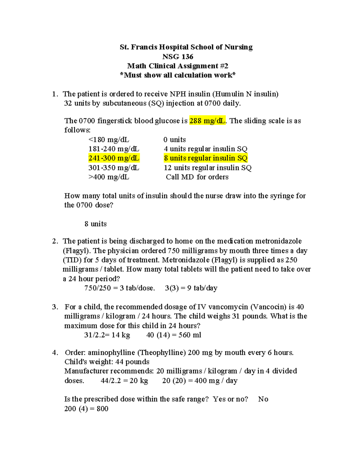 NSG 136 Clinical Math Assignment #2 Student Version - St. Francis ...