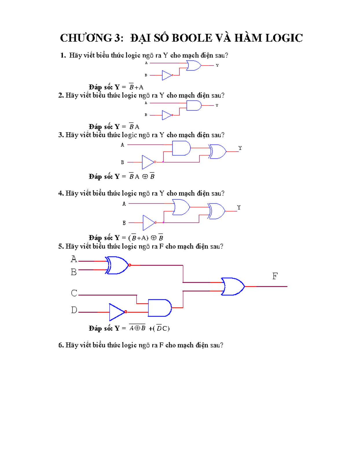 CHƯƠNG 3 - gjhhbb - CHƯƠNG 3: ĐẠI SỐ BOOLE VÀ HÀM LOGIC 1. Hãy viết biểu thức logic ngõ ra Y cho ...