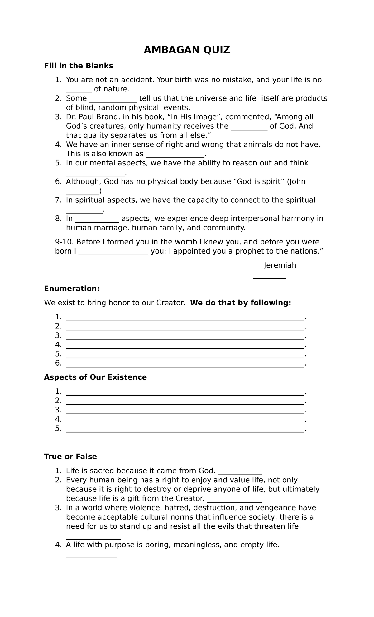 G10. Ambagan QUIZ - AMBAGAN QUIZ Fill in the Blanks 1. You are not an ...