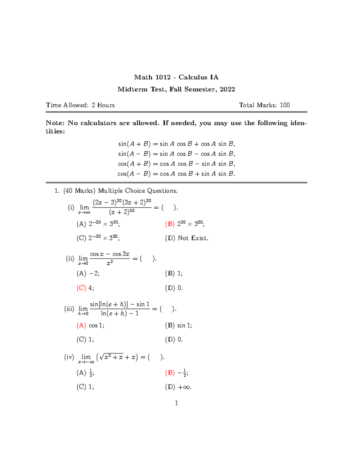 2223 Fall MATH1012 Mid-Term Test Solutions - Math 1012 - Calculus IA ...