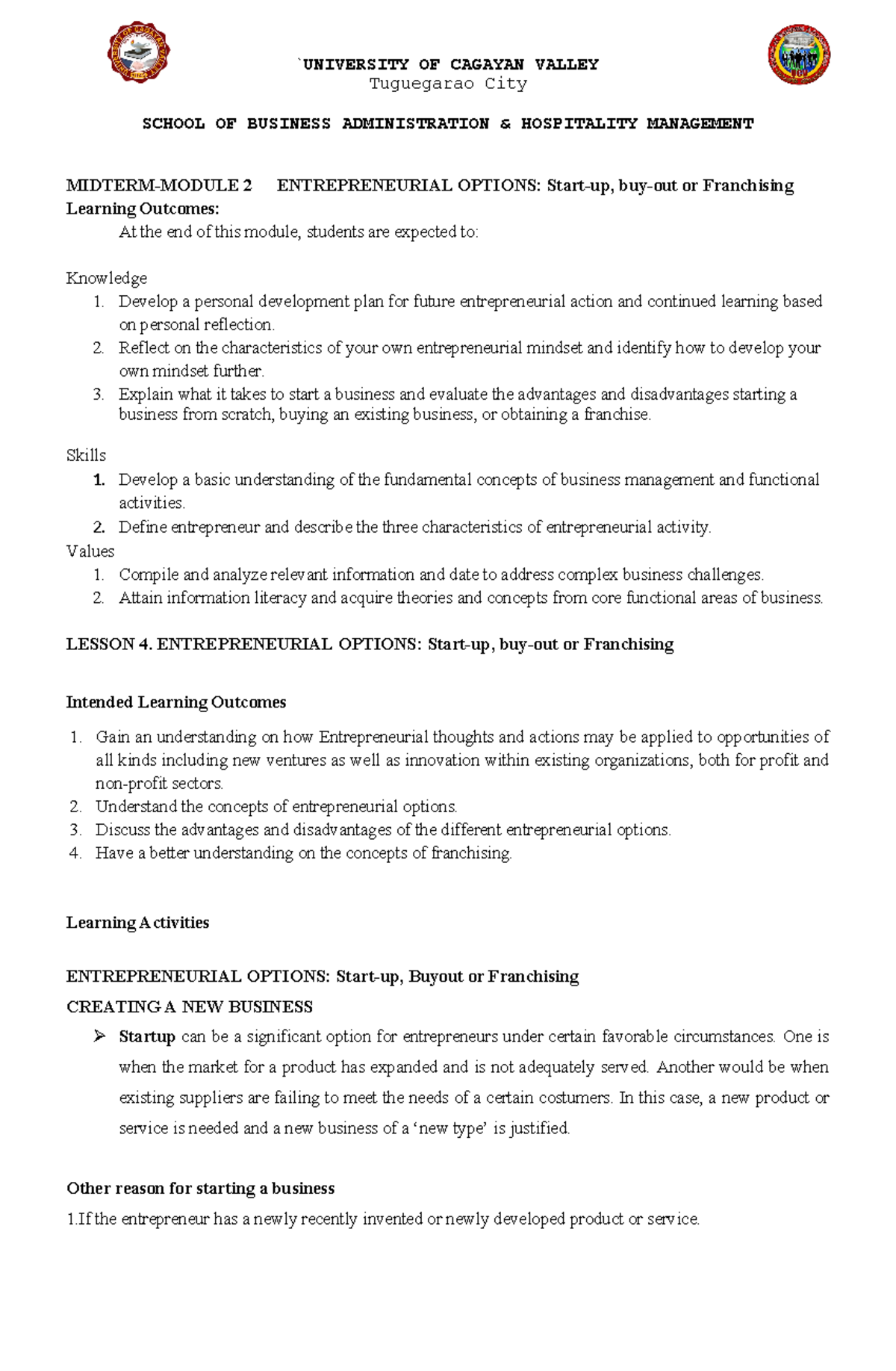 Midterm Entrep module 2 Entrepreneurial Options Start up buy out or ...