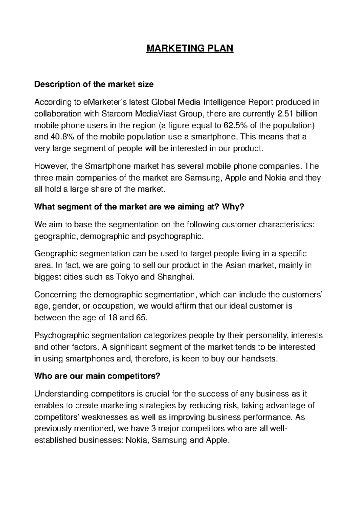 Marketing PLAN - MARKETING PLAN Description of the market size ...