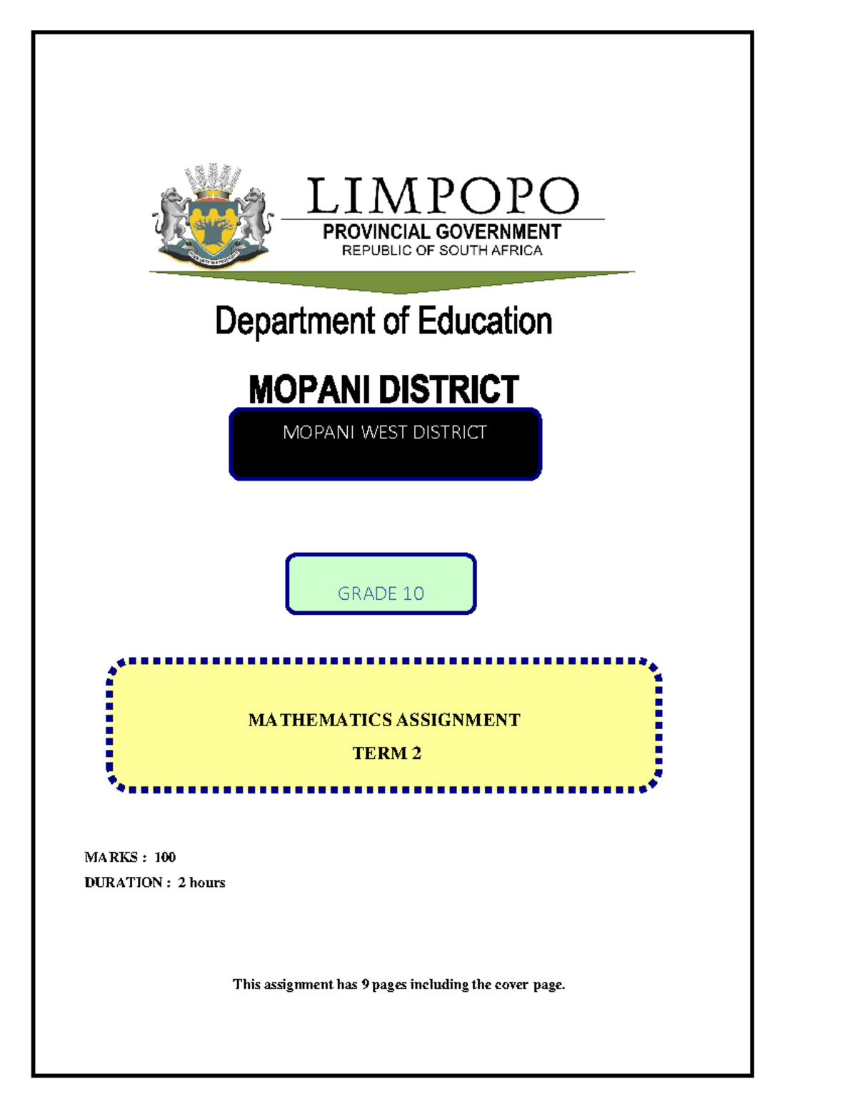 Maths - Very useful - MARKS : 100 DURATION : 2 hours This assignment ...