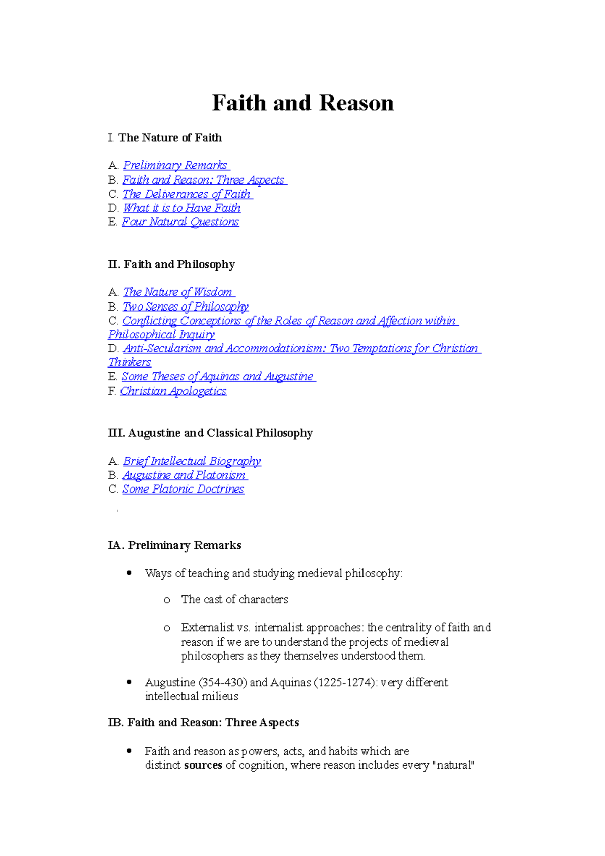 Faith and Reason - Lecture notes 4 - Faith and Reason I. The Nature of ...