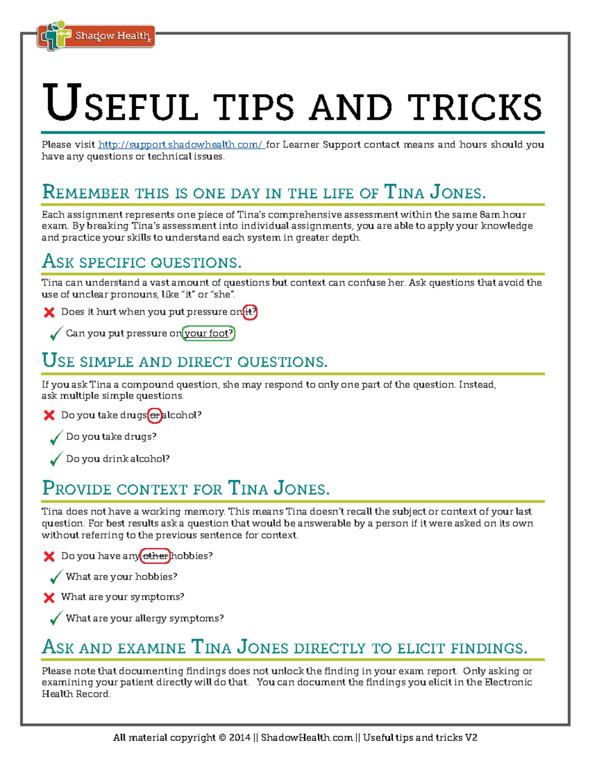 Shadow Health tips and tricks - ASK SPECIFIC QUESTIONS. Tina can ...