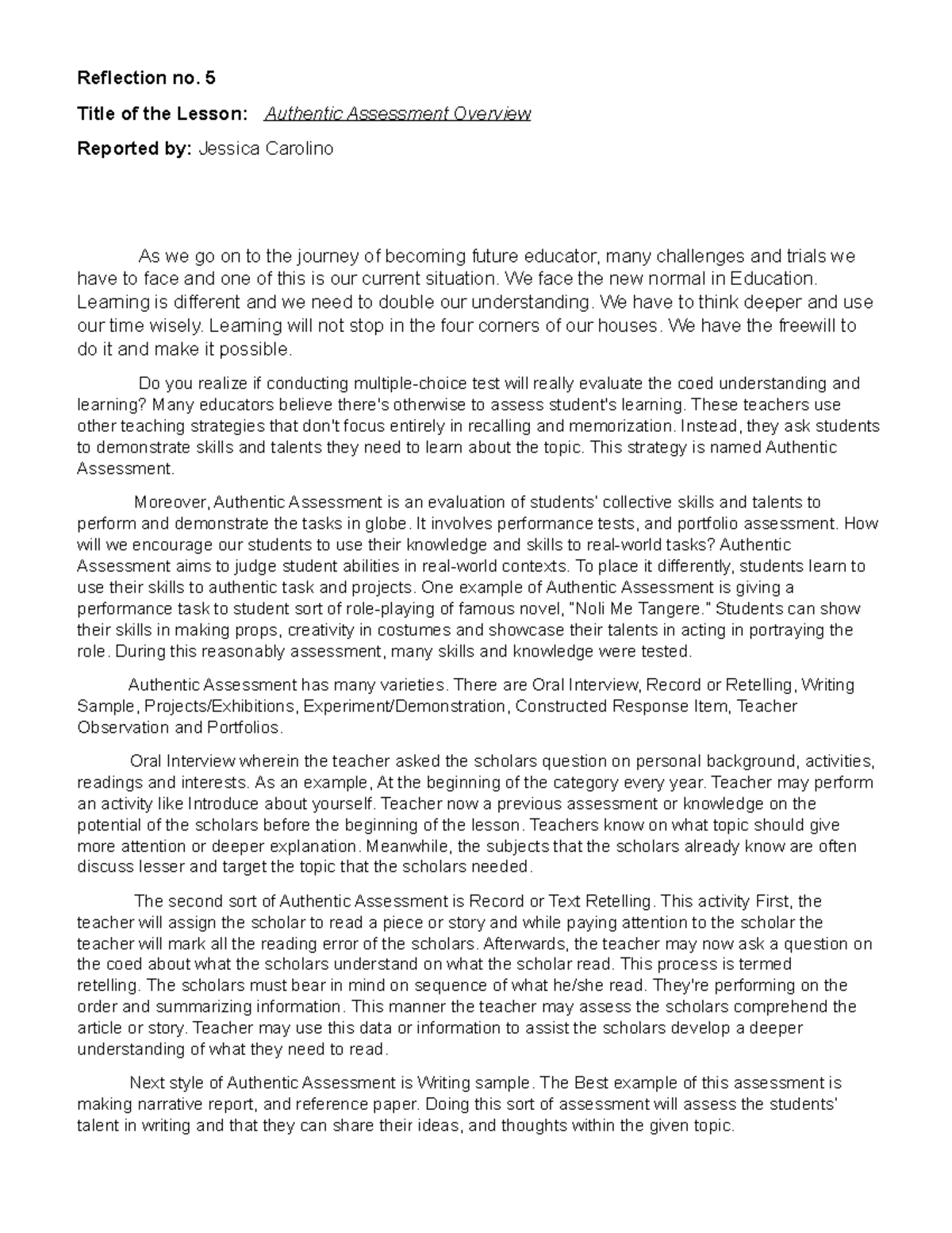 5.Authentic Assessment Overview - Reflection no. 5 Title of the Lesson ...